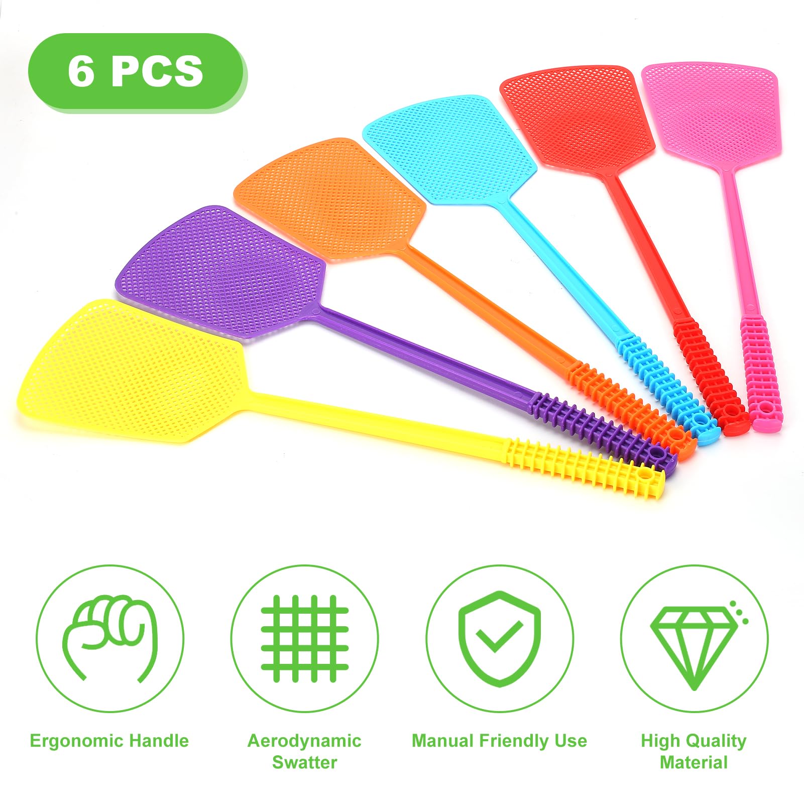 Fly Swatter,Plastic Flyswatters Multi-Pack,6 Bulk Vibrant Colorful Fly Killer,Long Handle Bug Swatter for Indoor and Outdoor