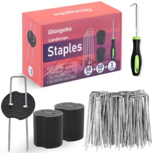 gtongoko landscape staples 50pcs garden stakes + 50pcs gaskets + 1 pick up hook upgraded 6 inch 11 gauge tent stakes galvanized yard stakes for weed barrier sod fabric plant cover stakes outdoor décor