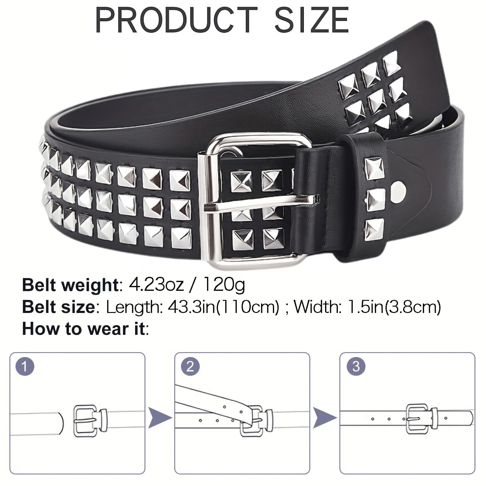 Ulekuke Metal Punk Rock Rivet Studded Belt for Women Men, Gothic Belt with Bright Pyramid Studs(Black)