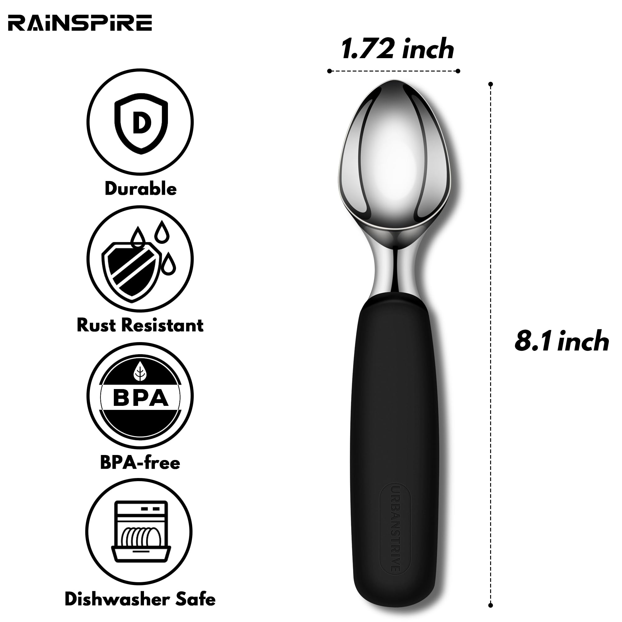 Urbanstrive Ice Cream Scoop Stainless Steel, Ice Cream Scooper Professional Large Ice Cream Scoops With Non-Slip Rubber Handle, Ice Cream Spade for Cookie Dough, Gelato, Sorbet, Melon, Black