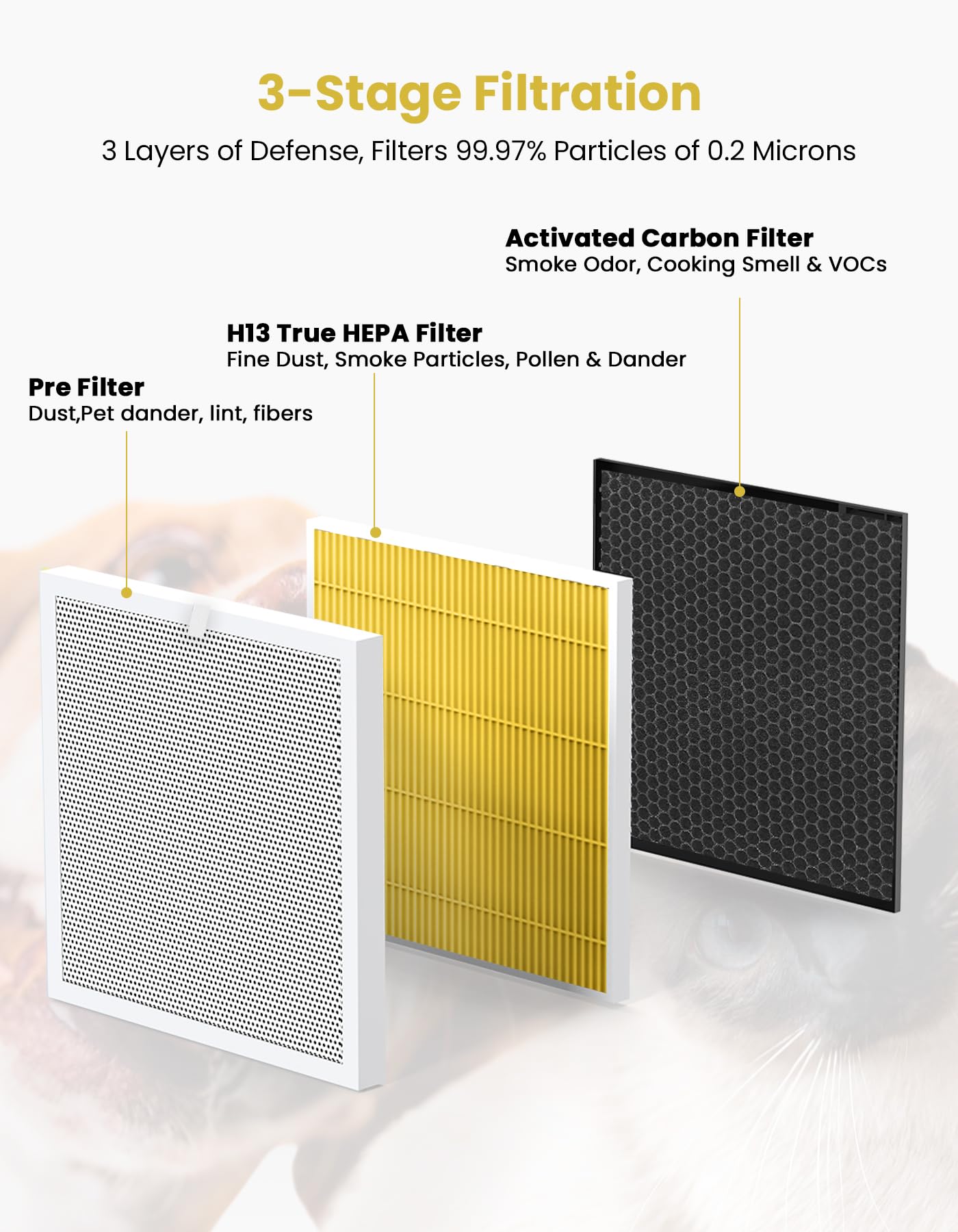 A3 Pet Care Replacement Filter Compatible with AMEIFU G3 sferf-30 Air Purifier, VEWIOR A3, Tailulu HQZZ-260 Air Cleaner, 3-in-1 Filter H13 True HEPA Filter Air Filter Replacement, 1 Pack, Yellow