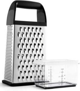 urbanstrive cheese grater with container, professional cheese grater with handle, stainless steel graters for kitchen handheld, box grater with 4 sides for vegetables, ginger, potatoes, black