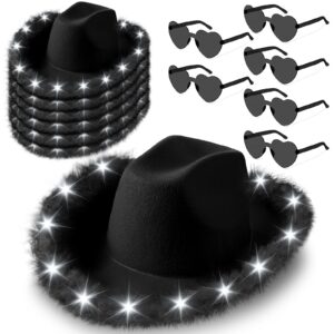 zhanmai 6 pieces cowgirl light up hat with feather boa, 6 pieces heart sunglasses set for girls bachelorette costume party(black)