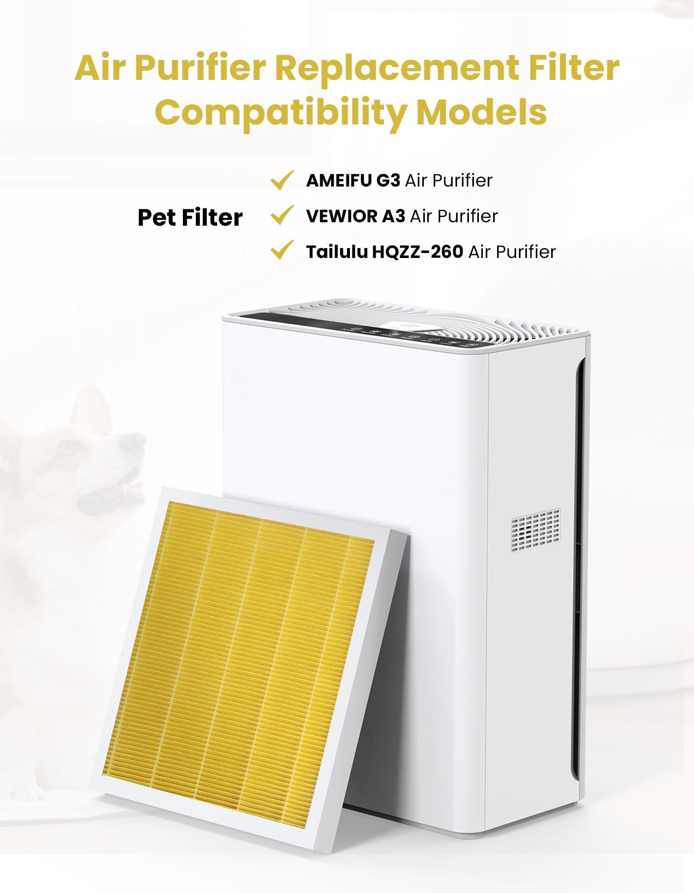 A3 Pet Care Replacement Filter Compatible with AMEIFU G3 sferf-30 Air Purifier, VEWIOR A3, Tailulu HQZZ-260 Air Cleaner, 3-in-1 Filter H13 True HEPA Filter Air Filter Replacement, 1 Pack, Yellow