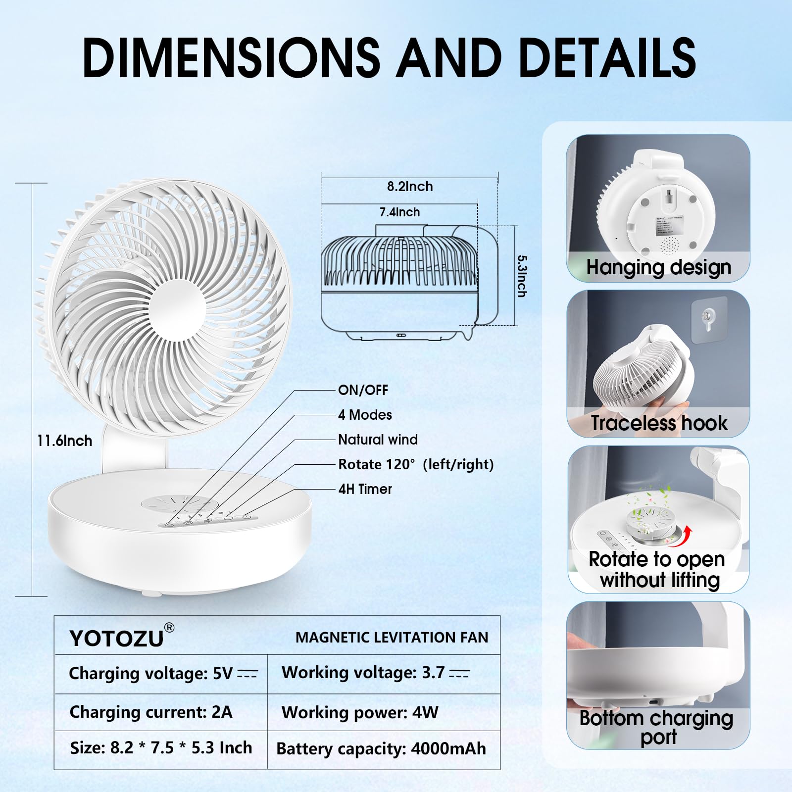 YOTOZU Waterproof Portable Fan, Maglev Detachable Cordless Foldable Fan, 4000mAh Rechargeable Battery Operated Travel Fan, 4 Speeds 4H Timer Table Collapsible Fan for Home Kitchen, Camping, Outdoor