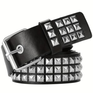 ulekuke metal punk rock rivet studded belt for women men, gothic belt with bright pyramid studs(black)