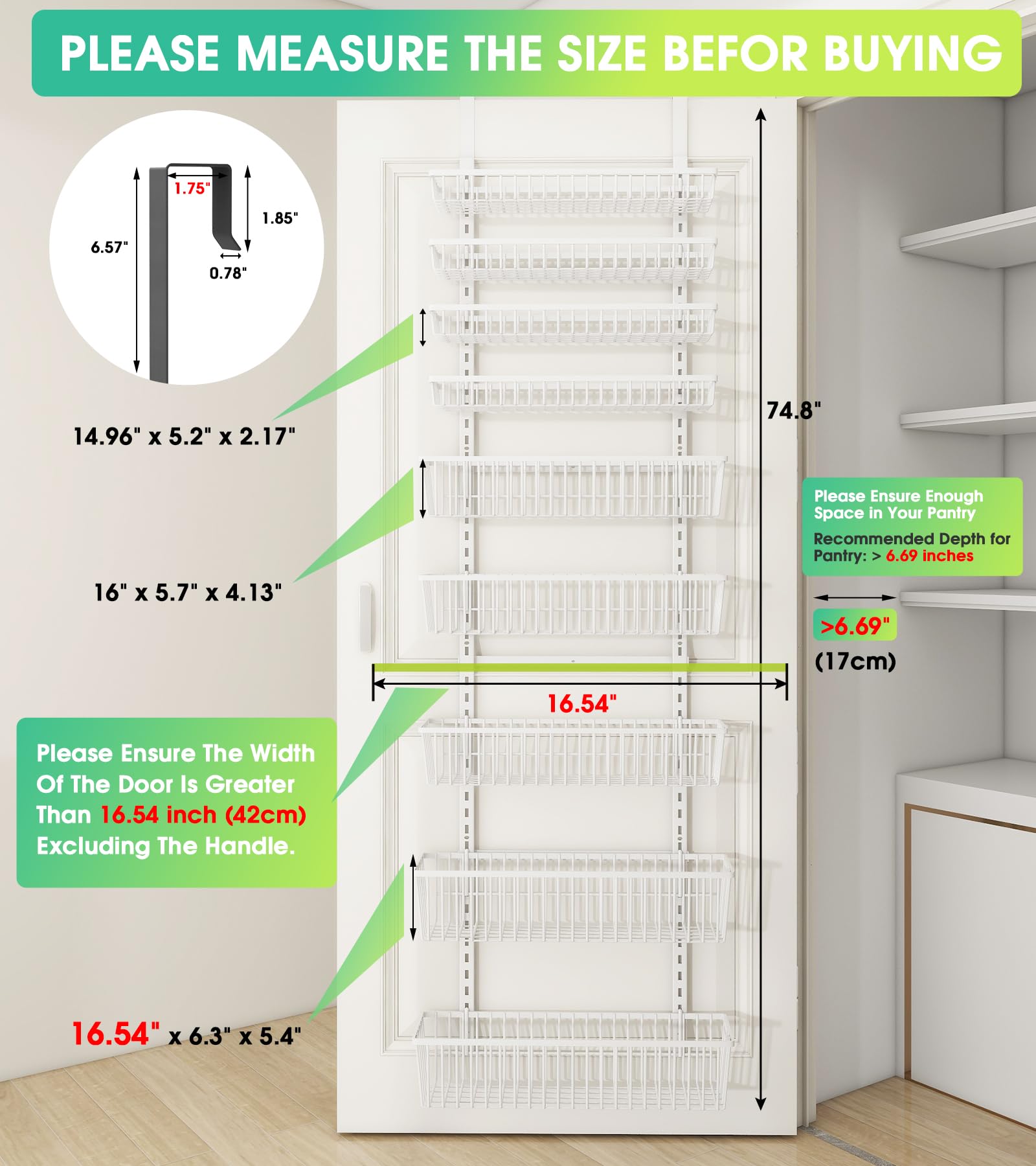 Mefirt White 9-Tier Over The Door Pantry Organizer, Pantry Organization and Storage, Deep Baskets Hanging Heavy-Duty Metal, Wall Spice Rack Seasoning Shelves for Home & Kitchen, Laundry Room Bathroom