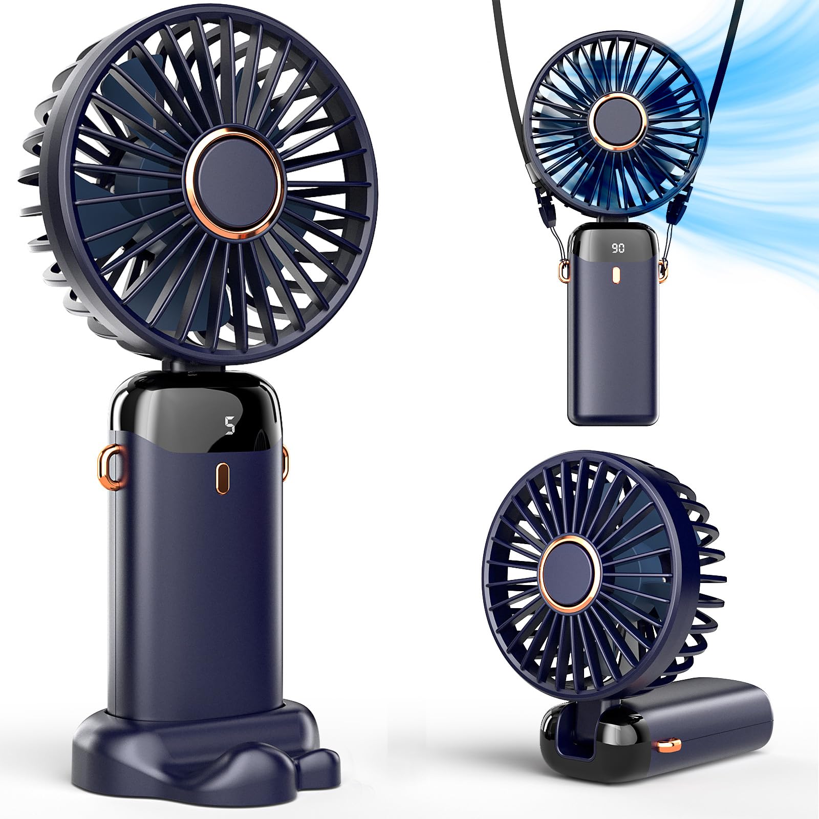 Koonie Portable Handheld Fan, Battery Operated Fan with Base, 8 Hours, Digital Display, 5 Speeds, 90° Ajustable, Rechargeable Mini Fan for Outdoor Indoor