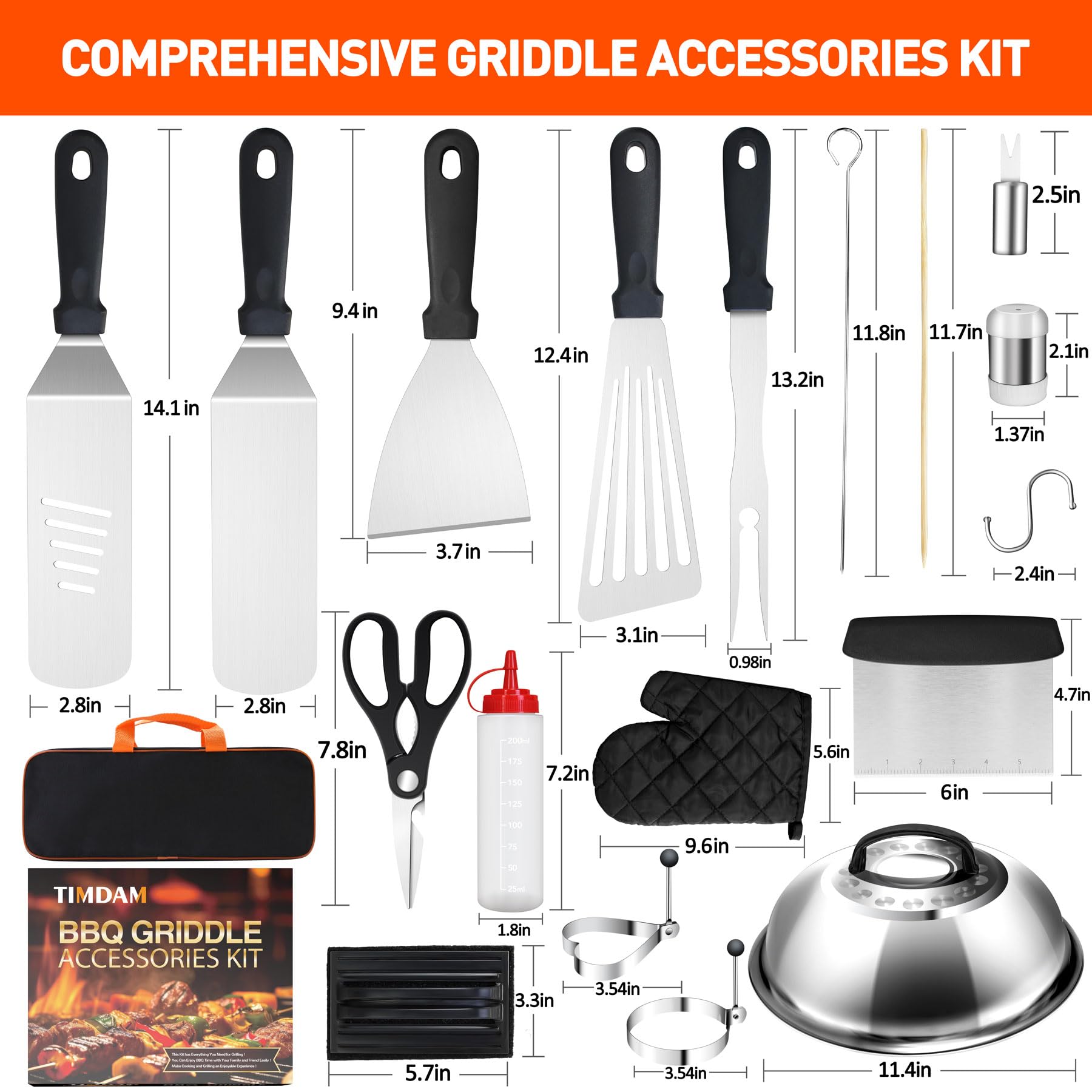 142Pcs Griddle Accessories Kit, BBQ Grill Tools, Flat Top Grill Accessories Kit for Camping, Barbecue Outdoor Indoor Grill Set, TIMDAM Portable Grill Utensils with Spatulas, Scraper, Skewers