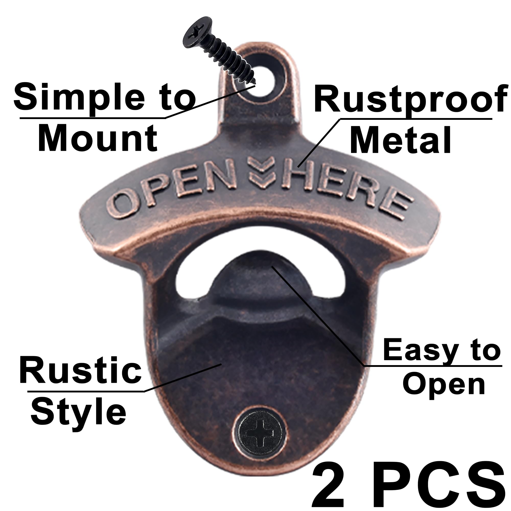 HAIICEN Vintage Copper Bottle Cap Opener Wall Mount, Retro Beer Bottle Opener with Screws for Homes Kitchen (Pack of 2)