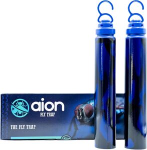 aion outdoor fly traps with natural bait attractant and hanging hooks for trapping fruit and horse flies, gnats, and flying insects or bugs, patio, camping, and backyard disposable catchers, 2 pack