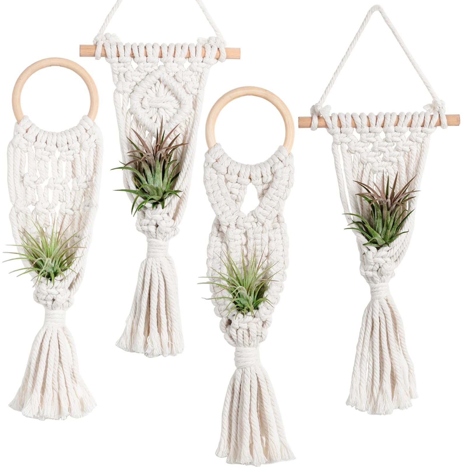 Melphoe 4 Pack Air Plants Holders Air Fern Macrame Plant Hanger Indoor Hanging Planter Basket for Tillandsias Display Air Plant Stand, Boho Home Decoration Gift Idea