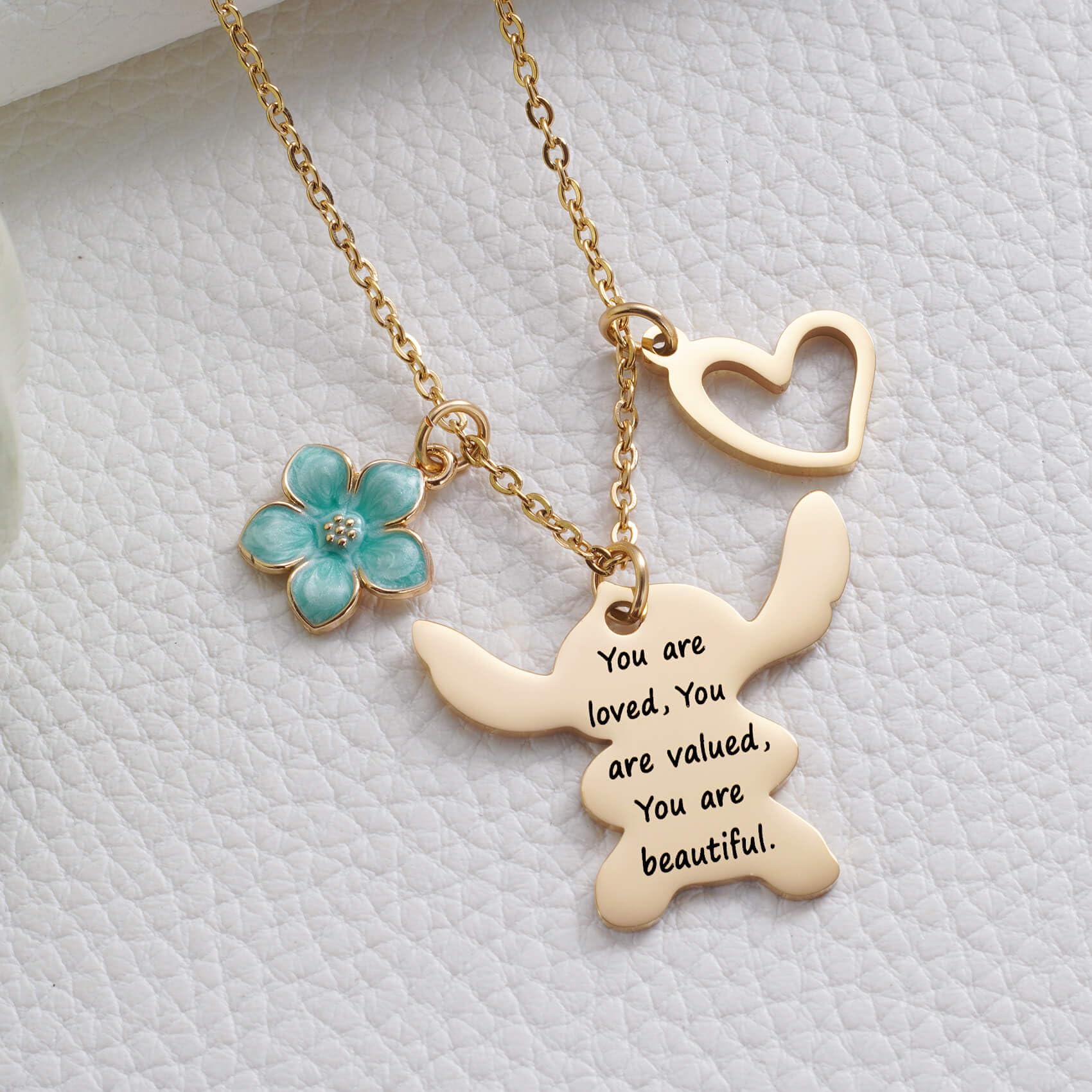 MIXJOY Inspirational Stitch Gifts You are Loved Valued Beautiful Stitch Necklace Gifts for Teen Granddaughter Daughter Niece, Stitch Lover Birthday Jewelry Gifts for Women, Gold