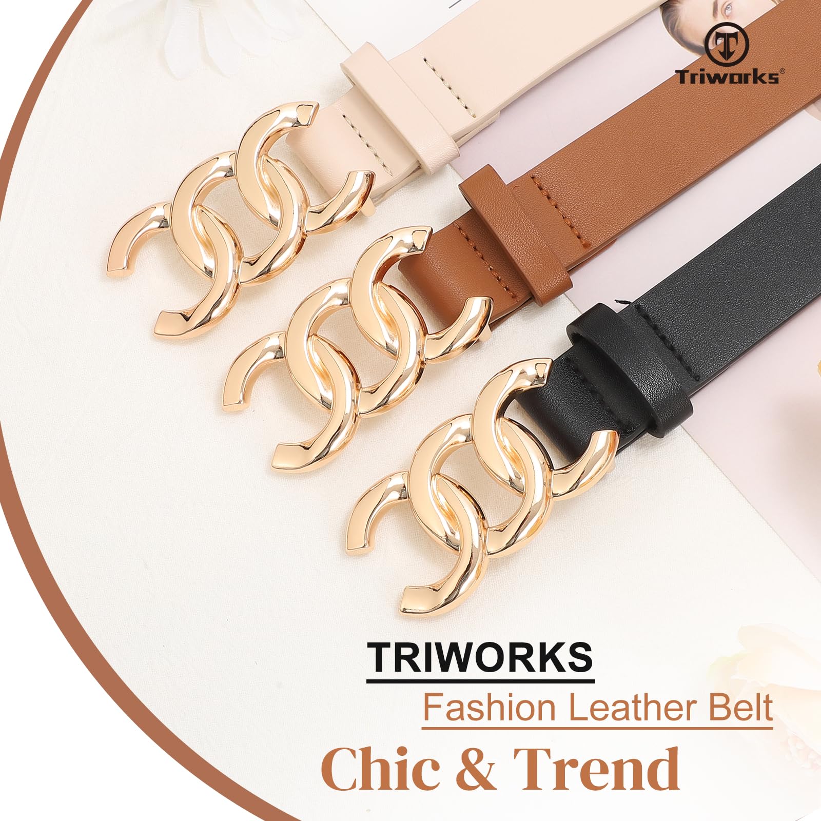 TRIWORKS 3 Pack Women's Belts for Jeans Pants Fashion Waist Belts for Ladies Leather Belt with Gold Buckle