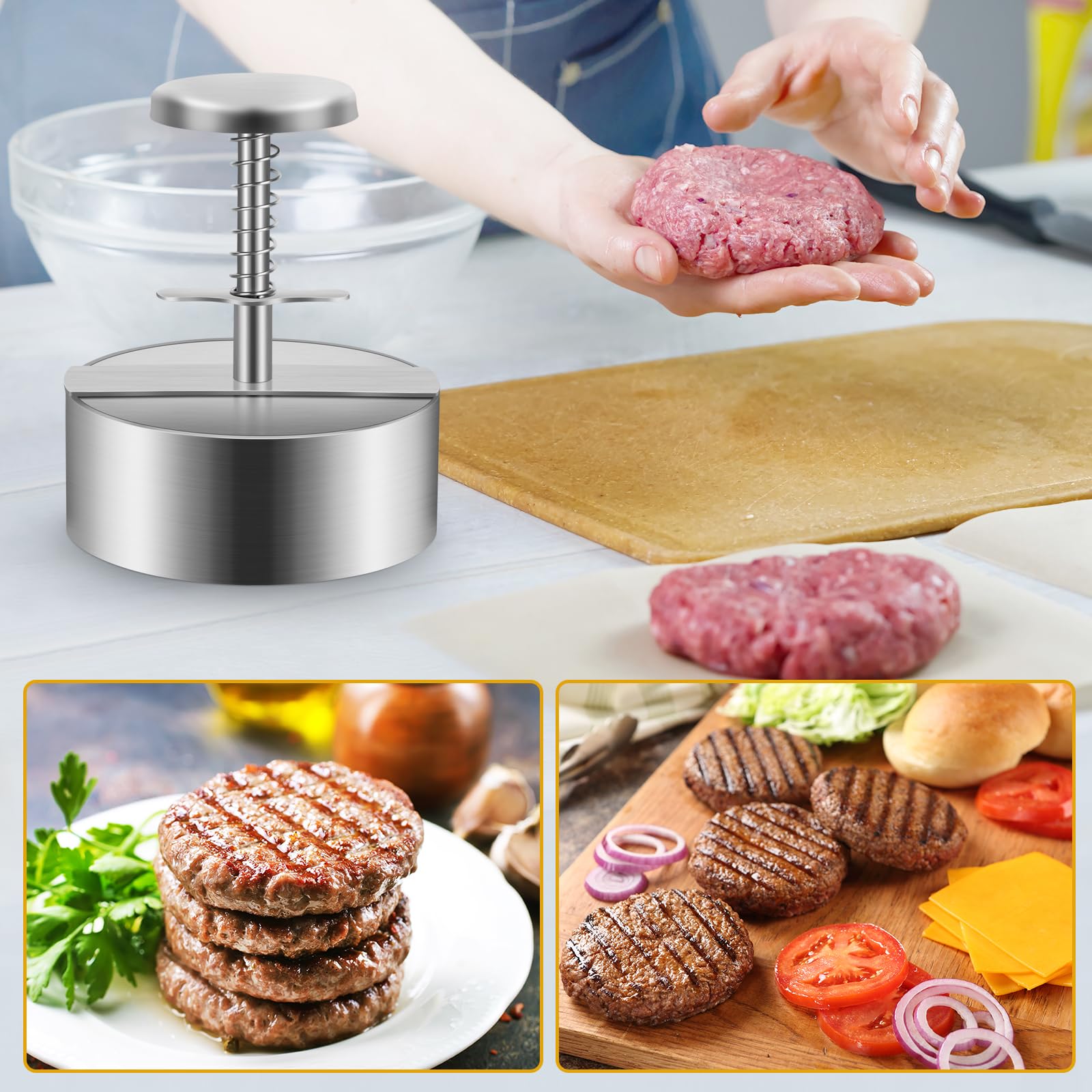 Diveken Burger Press, Stainless Steel Hamburger Patty Maker, 4.5 inch Adjustable Burger Patty Maker, Patty Making Mold for Meat, Vegetables, Beef, BBQ Barbecue Homemade Hamburger