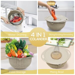 4-1 Colander with Mixing Bowl Set, 2024 New Food Strainers and Colanders Set for Kitchen, Pasta Rice Strainer, Fruit and Veggie Washer, Salad Spinner, Kitchen Essentials Strainer Basket Bowl, Beige