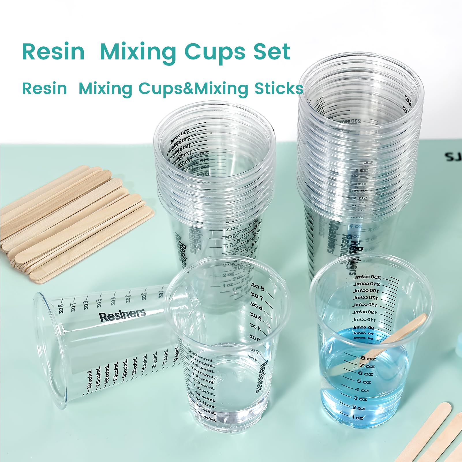 Resiners 30pcs Disposable Epoxy Resin Mixing Cups, Plastic Measuring Cups with 50pcs Wooden Stir Sticks, Mixing Containers for Resins, Paint, Pigments, Art, Kitchen