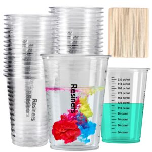 resiners 30pcs disposable epoxy resin mixing cups, plastic measuring cups with 50pcs wooden stir sticks, mixing containers for resins, paint, pigments, art, kitchen