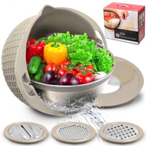 4-1 colander with mixing bowl set, 2024 new food strainers and colanders set for kitchen, pasta rice strainer, fruit and veggie washer, salad spinner, kitchen essentials strainer basket bowl, beige