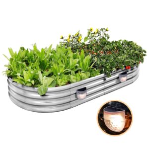 land guard galvanized raised garden beds outdoor with 2 magnetic solar-powered lights(grey), metal planter raised beds, 4×2×1ft metal raised garden beds for gardening, vegetables, flowers