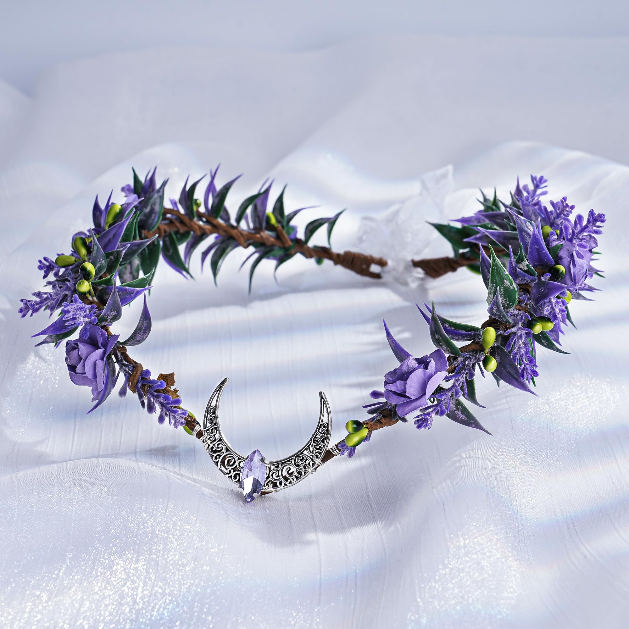 MOSTORY Purple Moon Flower Crown - Handmade Floral Fairy Headpiece Woodland Elven Circlet Forest Wreath for Women Girls Wedding Renaissance Party Cosplay Photo Shoot