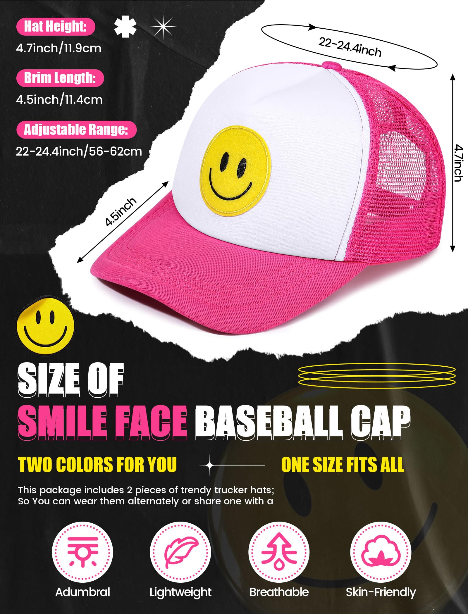 Cozypower 2 Pcs Smile Face Baseball Cap Smile Trucker Hat Mesh Adjustable Baseball Cap Retro Preppy Hats for Women(Rose Red, Black, White)