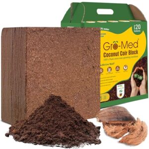 gro-med coco coir block - 10lb compressed coir fiber brick enriched npk expands upto 80 quarts-organic potting soil for flowers, herbs,low ec planting-growing medium for gardening-seed starter soil