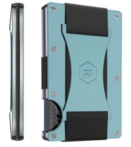 the ridge wallet for women, slim wallet for women - thin as a rail, minimalist aesthetics, holds up to 12 cards, rfid safe, blocks chip readers, aluminum wallet with cash strap (sea glass)