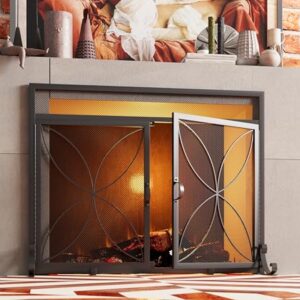 Fire Beauty Fireplace Screen with Magnetic Doors,Large Metal Fire Place Screen for Home,Spark Guard,Metal Furnace Fireguards,Baby Safe Spark Guard Protector,Black