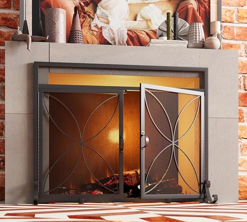 Fire Beauty Fireplace Screen with Magnetic Doors,Large Metal Fire Place Screen for Home,Spark Guard,Metal Furnace Fireguards,Baby Safe Spark Guard Protector,Black