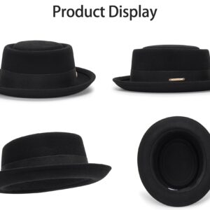 Classic 1920s Pure-Wool Roll-Brim Pork- Pie Fedora-Hat Men Women - Crushable Short-Brim Church Hat Boater-Hat Black