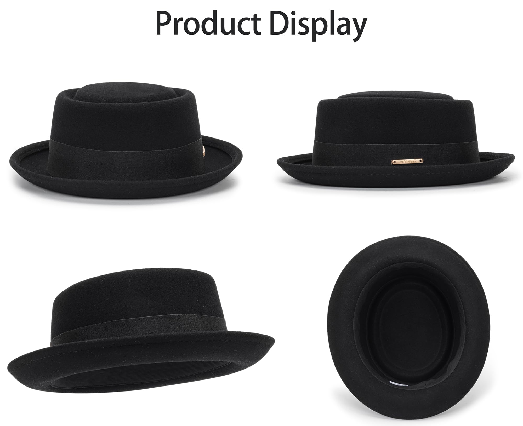 Classic 1920s Pure-Wool Roll-Brim Pork- Pie Fedora-Hat Men Women - Crushable Short-Brim Church Hat Boater-Hat Black