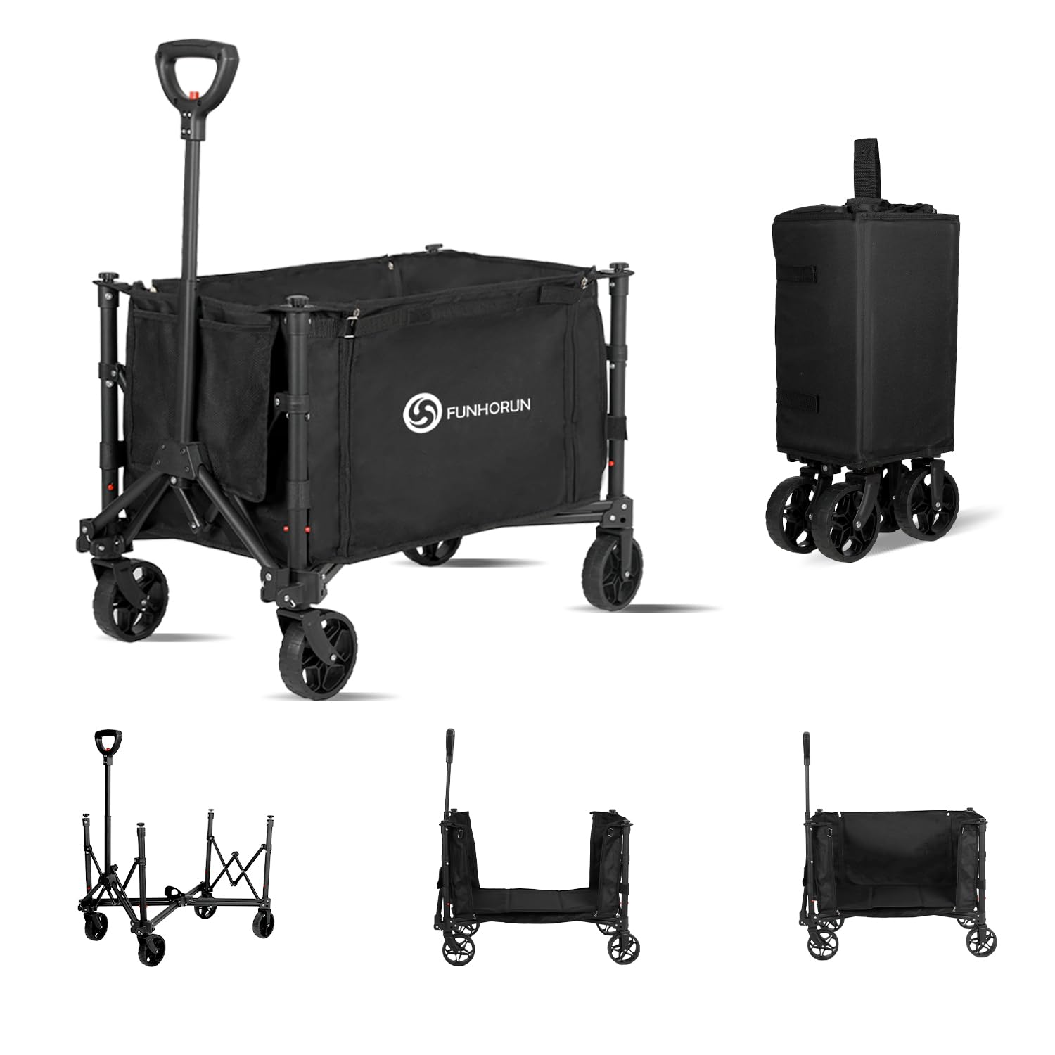 FUNHORUN Heavy Duty Collapsible Wagon Carts, Compact Foldable Utility Wagon with Versatile Canvas for Grocery, Camping, Shopping, Garden, Sports, Load up to 155LBS/120L, Black