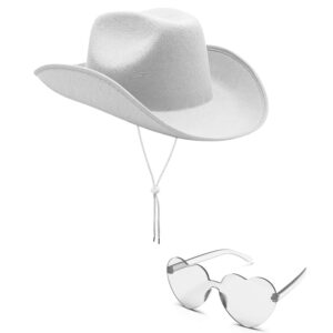 4e's novelty white cowboy hat with heart shaped glasses for adults women men, felt cowgirl hat western party dress up accessories