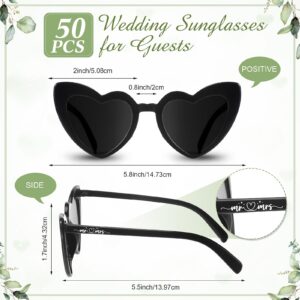 Saysurey 50 Sets Wedding Favors for Guests Sunglasses Wedding Party Gifts Wooden Love Wedding Sign 50 Black Heart Glasses Mr & Mrs Sunglasses with 50 Thank You Cards and Hemp Rope