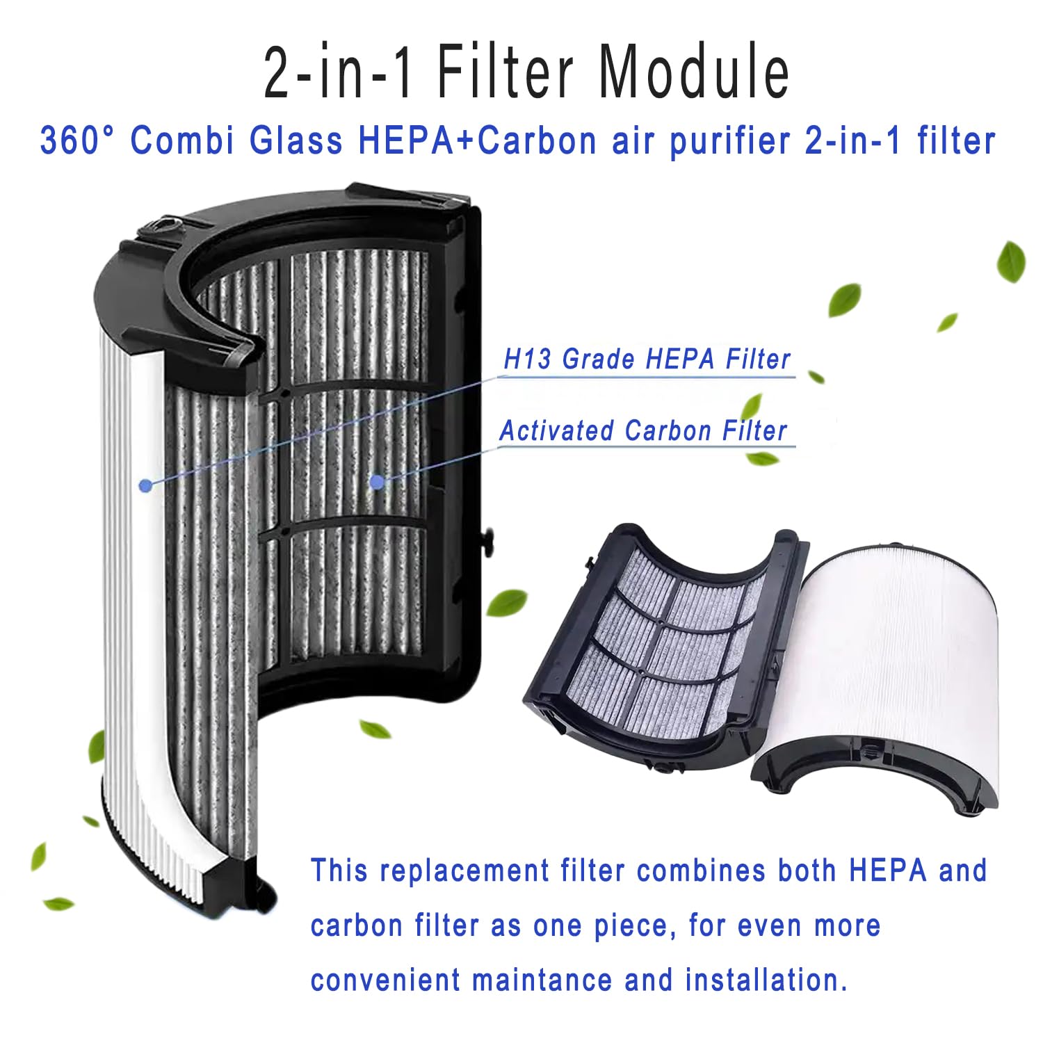 360° Combi Glass 2-in-1 HEPA+Carbon Replacement Filter for Dyson TP07 HP07 TP06 HP06 TP10 HP10 TP09 HP09 TP04 HP04 PH04 PH03 PH02 PH01 Air Purifier, H13 Grade True HEPA Pure Cool Hot Fan Filter, Black