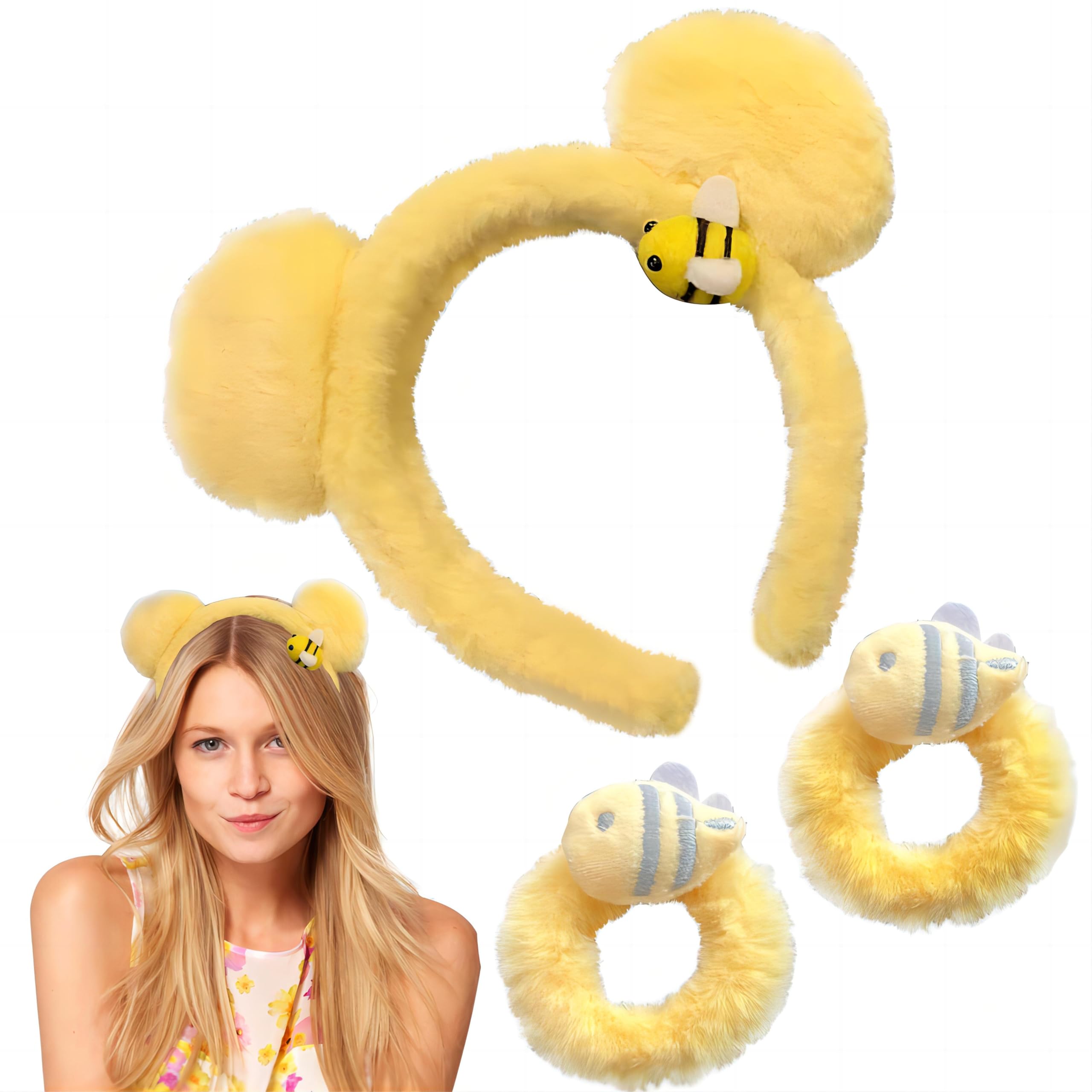 Yellow Plush Winnie the Pooh-Style Fashion Bear Ears Headband with Hair Ties and Ponytail Holders - Cute Costume Accessories for Kids and Women