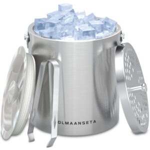 olmaanseta stainless steel ice bucket for parties with lid and ice tongs,insulated wine bucket with strainer keeps drinks cold and ice cube from melting