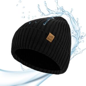 acushla waterproof windproof cuff beanie - thick warm knit winter hat for men & women watch cap for cold weather, black