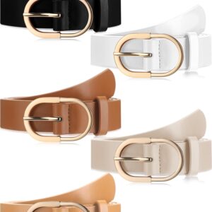 Breathffy 5 Pcs Women's Leather Belts for Jeans Dresses Pants Ladies Belt Bulk with Gold Buckle (White, Black, Camel, Khaki, Apricot,M: Fit Waist Size 31-36 Inches)