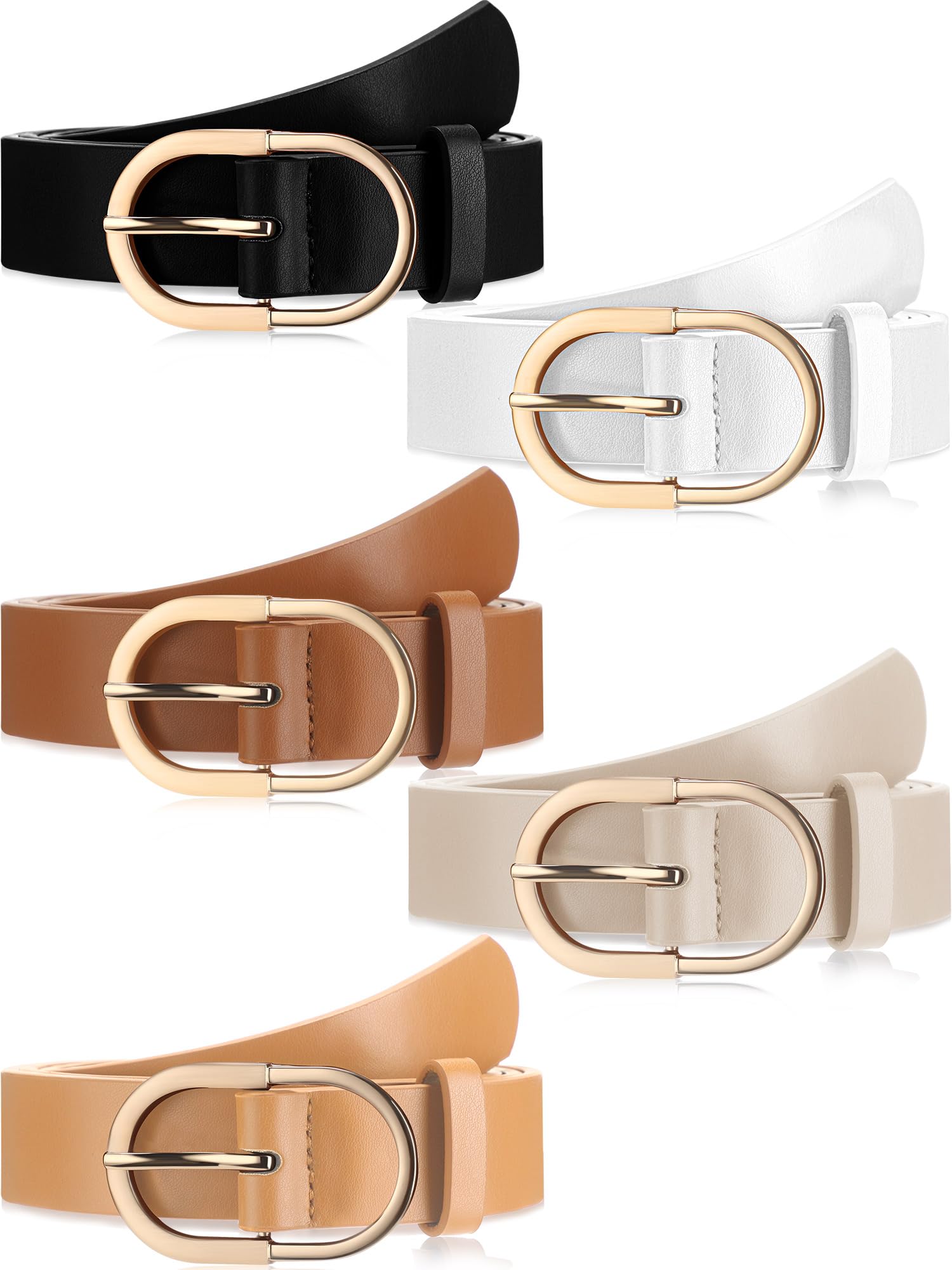 Breathffy 5 Pcs Women's Leather Belts for Jeans Dresses Pants Ladies Belt Bulk with Gold Buckle (White, Black, Camel, Khaki, Apricot,M: Fit Waist Size 31-36 Inches)