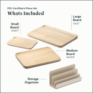 Caraway 4-Piece Double Sided Wood Cutting Board Set - Made From FSC-Certified Birch Wood - Mineral Oil & Wax Finish - 3 Sizes - Small, Medium, & Large - Storage Organizers Included