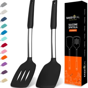 BakeRoyal Silicone Spatula Set - Turner Spatulas Silicone Heat Resistant 600°F - Slotted & Solid Silicone Spatulas for Cooking Fish, Eggs, Pancakes Flipper – Silicone Cooking Utensils Set – Black