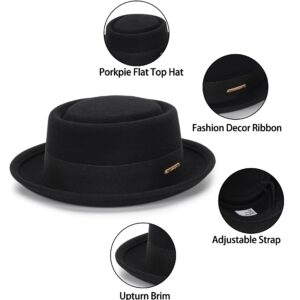 Classic 1920s Pure-Wool Roll-Brim Pork- Pie Fedora-Hat Men Women - Crushable Short-Brim Church Hat Boater-Hat Black