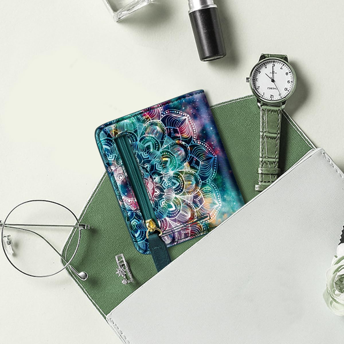 Simikol Womens Small RFID Blocking Wallet Compact Bifold Pocket Cute Credit Card Holder Leather Coin Slot Ladies Mini Purse with ID Window, Mandala Nebula