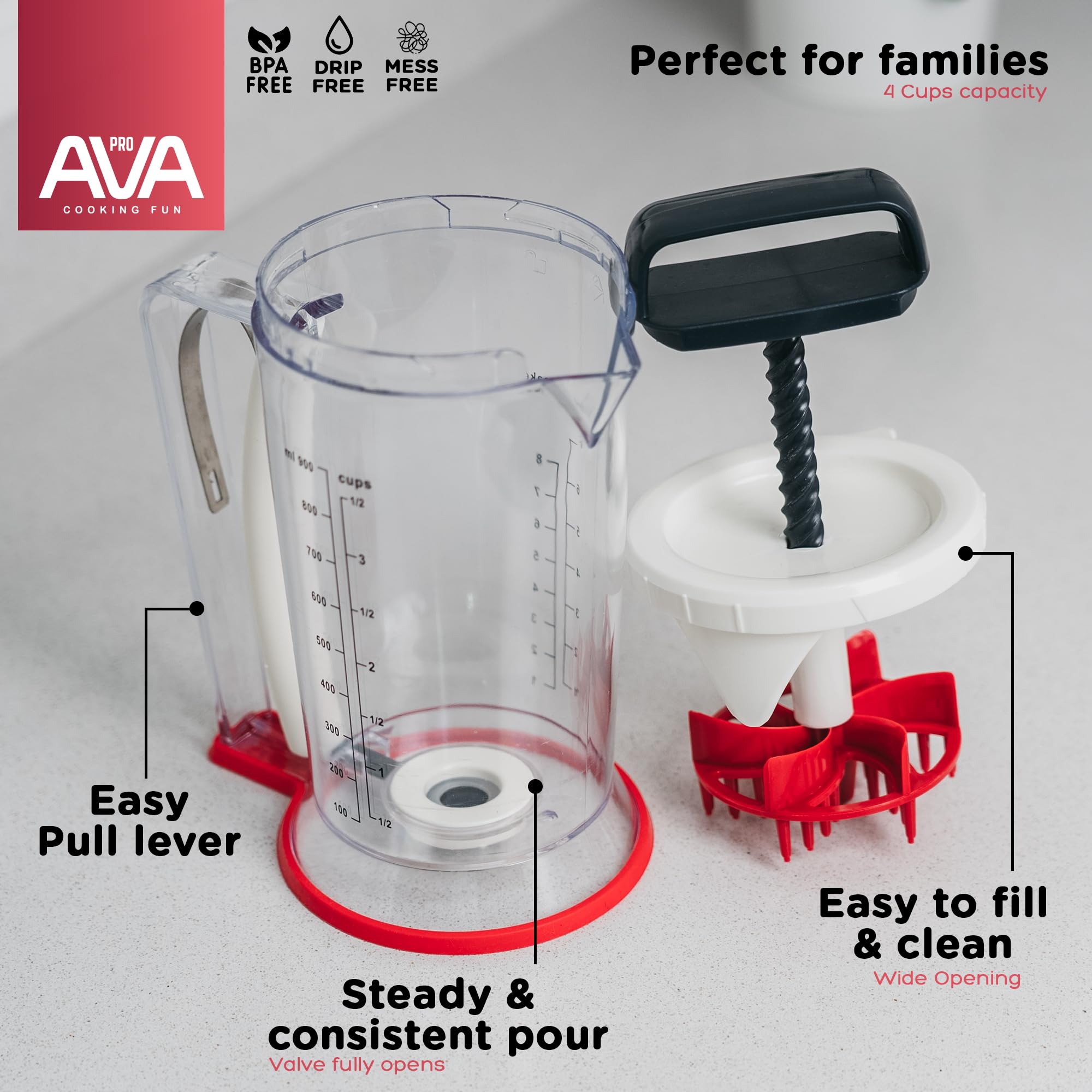 AVAPRO Batter Dispenser and Mixer 3in1 essential tool for measuring, dispensing and mixing batter for pancakes, crepes and other thin batters, quick and easy, no mess, 900ml Pancake Batter Dispenser.