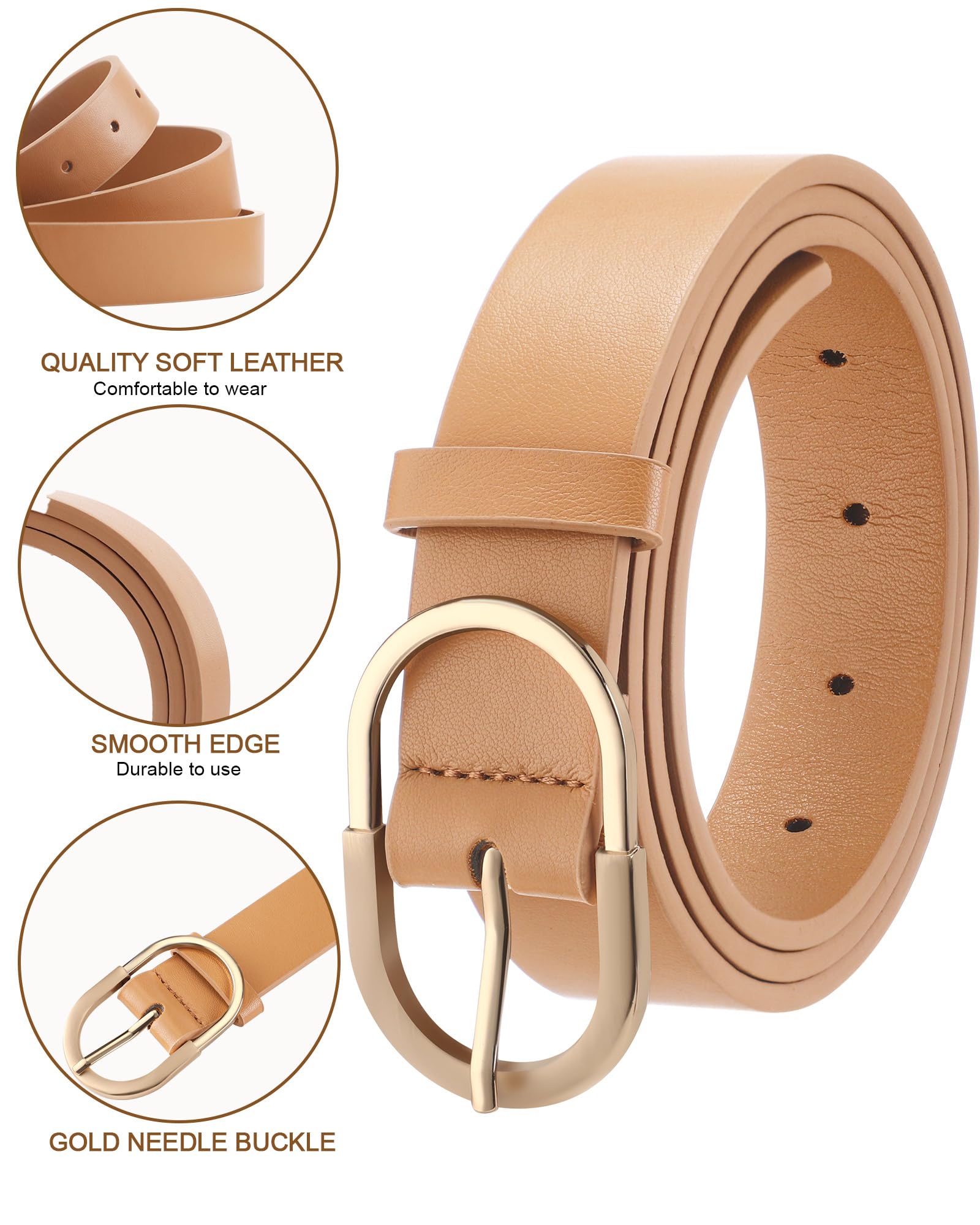 Breathffy 5 Pcs Women's Leather Belts for Jeans Dresses Pants Ladies Belt Bulk with Gold Buckle (White, Black, Camel, Khaki, Apricot,M: Fit Waist Size 31-36 Inches)