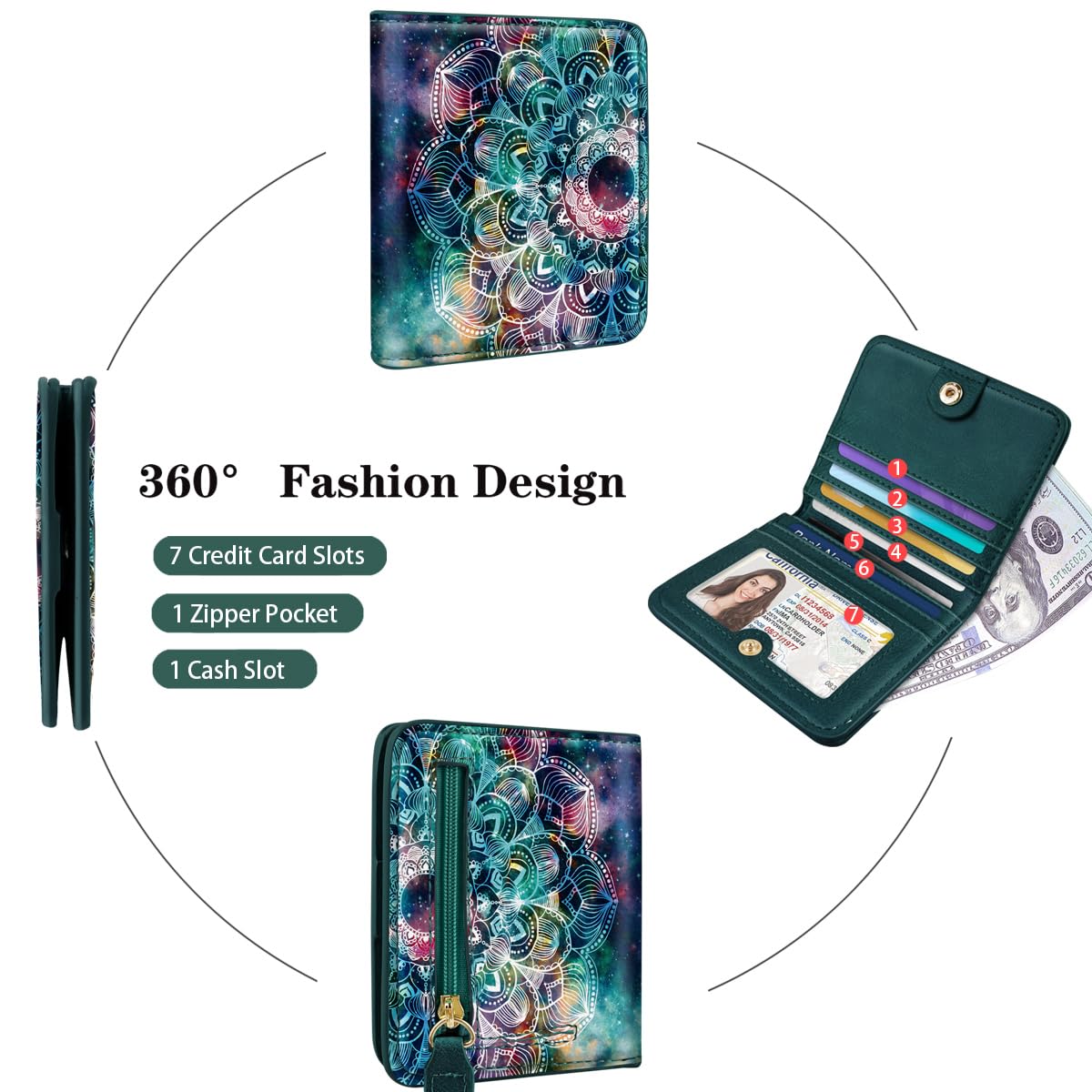 Simikol Womens Small RFID Blocking Wallet Compact Bifold Pocket Cute Credit Card Holder Leather Coin Slot Ladies Mini Purse with ID Window, Mandala Nebula