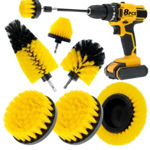 etoupa 8 pcs drill brush attachment set, power cleaning scrub brush kit with extend long attachment, all purpose drill scrub brushes for car, grout, floor, tub, bathroom and kitchen (yellow)