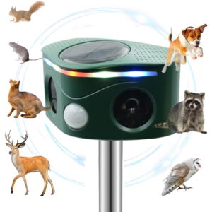 ultrasonic solar animal repeller for yard, 5 modes outdoor cat repellent squirrel repellent with motion sensor & flashing light, animals deterrent for squirrel bird deer cat skunk dog for yard garden